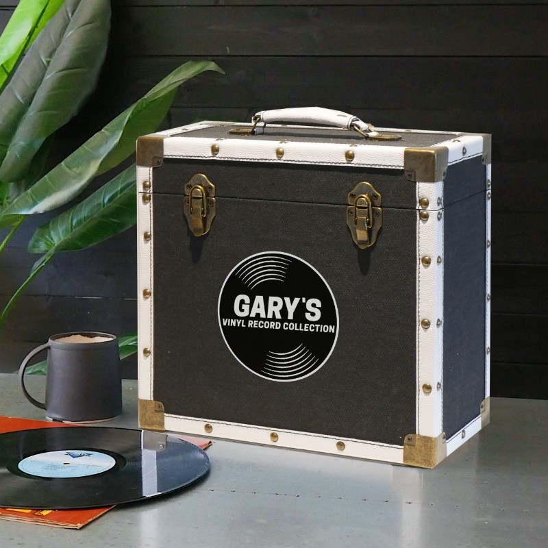 Personalised 12 Inch Record Storage Box - Black Cloth with White ...