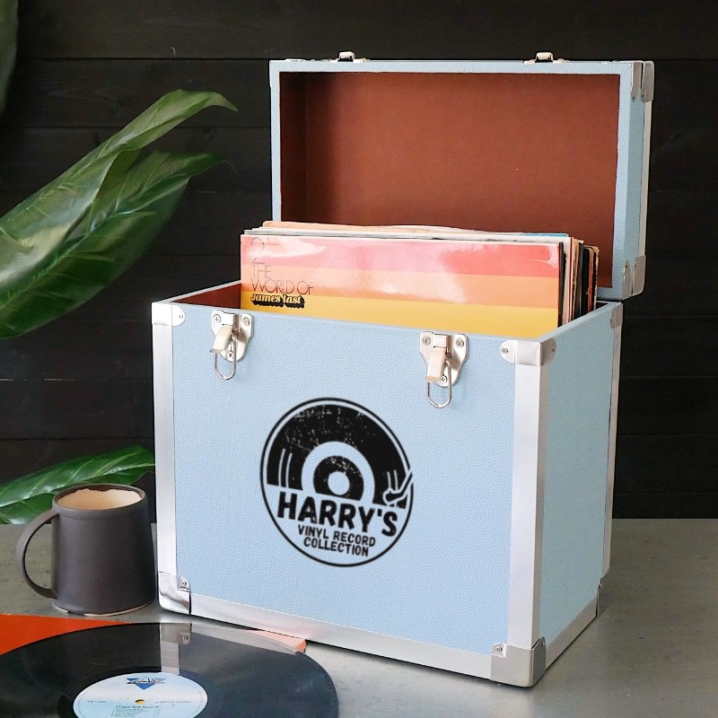 Personalised 12 Inch Record Storage Box - Light Blue Leather effect ...