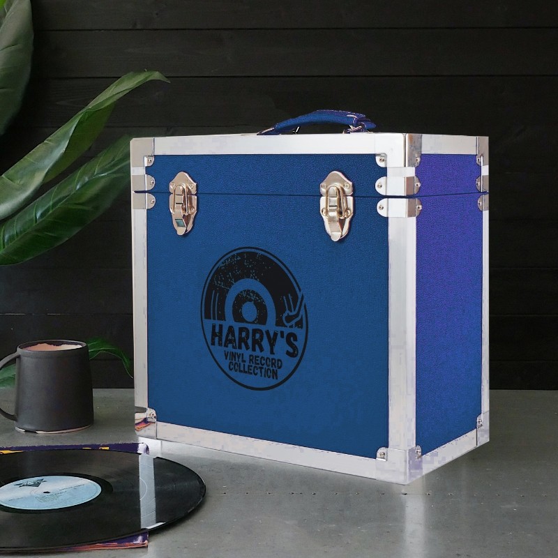 Personalised 12 Inch Record Storage Box - Navy Blue Leather effect with ...