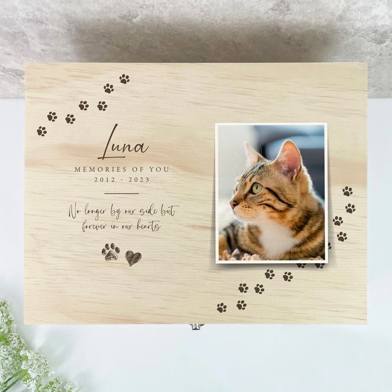 Personalised Paw Prints Pine Wooden Pet Memorial Photo Memory Box - 30cm