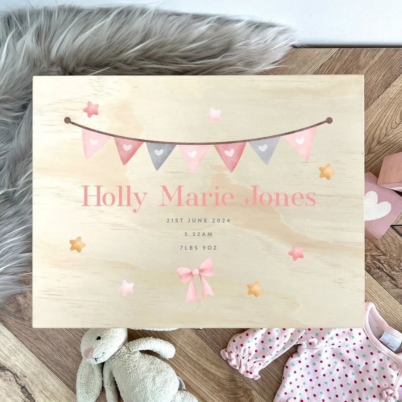 Personalised Pink Garland New Baby Keepsake Box - 20cm